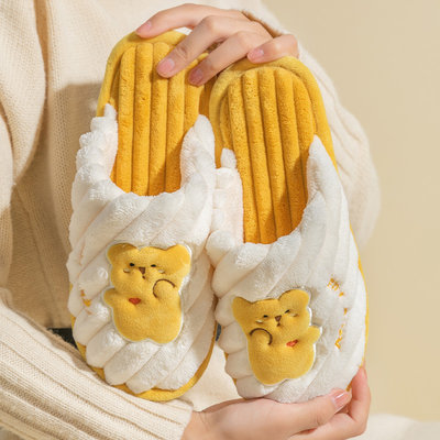 Cute fashion solid color warm home indoor shoes soft plush PVC material anti-slip slippers autumn winter