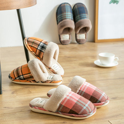 Autumn and winter fashion plaid slippers soft warm plush PVC material sole bedroom shoes in stock