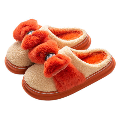 New Design Cute Bow Slippers Women Winter Home Thick Bottom Warn Non-Slip Couple Style Plush Indoor Cartoon Men