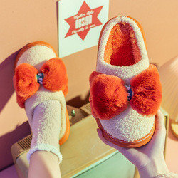 New Design Cute Bow Slippers Women Winter Home Thick Bottom Warn Non-Slip Couple Style Plush Indoor Cartoon Men