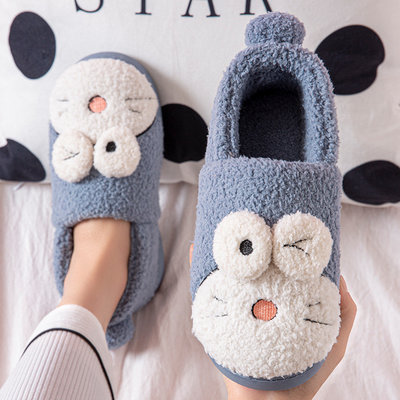 Men Autumn Winter Closed Toe Plush Warm Home Indoor Slippers Women Cartoon Doraemon Shape TPR Non-Slip House Shoes