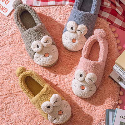 Men Autumn Winter Closed Toe Plush Warm Home Indoor Slippers Women Cartoon Doraemon Shape TPR Non-Slip House Shoes