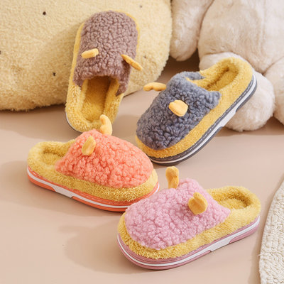 New arrival 3D Cartoon Antlers Children Slippers Fashion Cute Warm Non-Slip Baby House Indoor Slippers faux fur