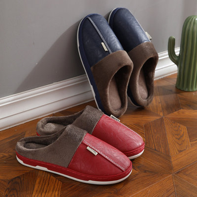 Wholesale Custom 2021 New Design PU leather Couple Slippers Winter Casual Comfort Skid-friendly Warm Non-slip Female home Shoes