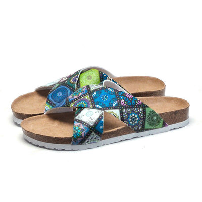 2021 New design high quality best price summer women slipper fashion Pattern Printing Double Buckle Cork Slipper