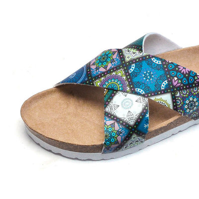 2021 New design high quality best price summer women slipper fashion Pattern Printing Double Buckle Cork Slipper