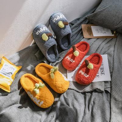 new design couple fruit winter warm slippers cartoon house indoor non-slip winter women plush  slippers