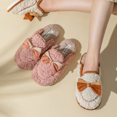 PVC Plush Cute Bow Women Casual Flat Shoes Anti Slip Warm Closed Toe