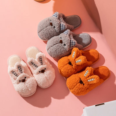 new arrival rabbit hair PVC sole slippers winter cartoon house indoor thick soled plush shoes women fluffy grid pattern slipper