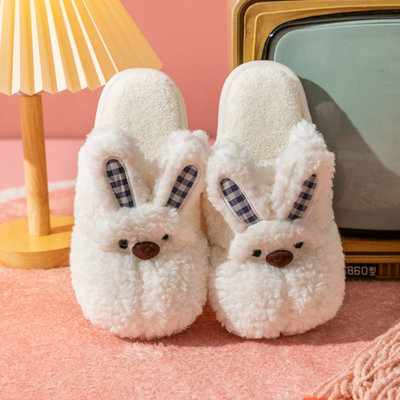 new arrival rabbit hair PVC sole slippers winter cartoon house indoor thick soled plush shoes women fluffy grid pattern slipper