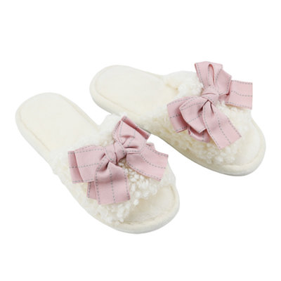 Women Soft Sherpa With Bowknot Memory Foam Slide Lady Fluffy Slide Open Toe Slippers
