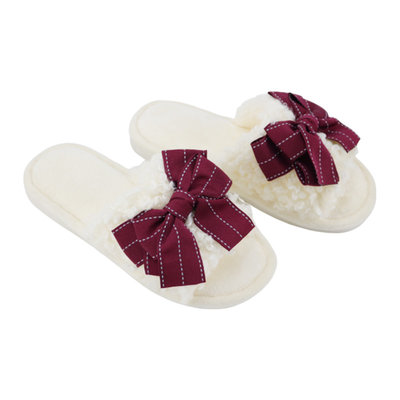 Women Soft Sherpa With Bowknot Memory Foam Slide Lady Fluffy Slide Open Toe Slippers