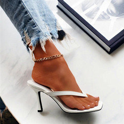 New style square toe PU sandals female heels shoes non-slip women slippers slides fashion out wear high heel flip flops