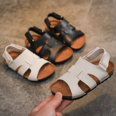 new arrival kids cork sandals pure color leather soft breathable kids beach slippers baby girl sandals