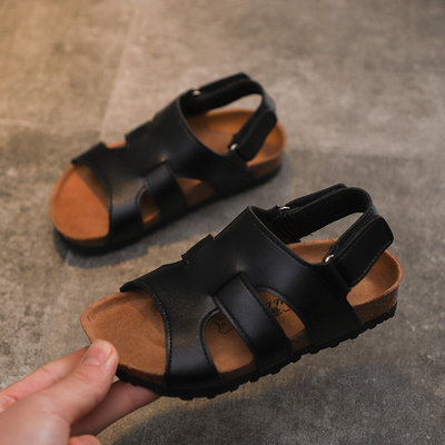 new arrival kids cork sandals pure color leather soft breathable kids beach slippers baby girl sandals