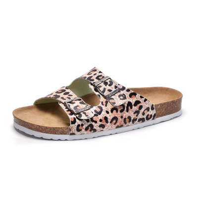 Wholesale 2021 summer new ladies slippers Leopard Printed Cork Sole Two Straps Portable Cork slippers casual shoes woman