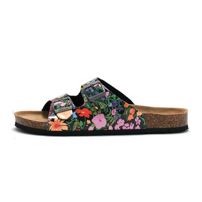 American hot sale New design high quality summer women Pattern Printing Double Buckle Cork Slipper floral sandals
