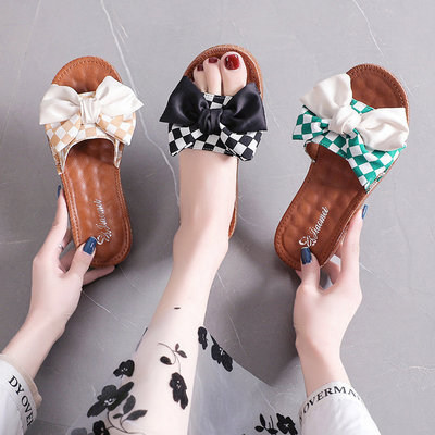 2022 new custom outdoor wedge sandals fashion plaid bowknot upper ladies soft bottom non-slip casual shoes