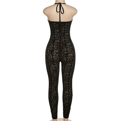 In stock Night Club Women lace-up Black Mesh yarn Tight Jumpsuit fitness Rompers two pieces Yoga set Training Wear