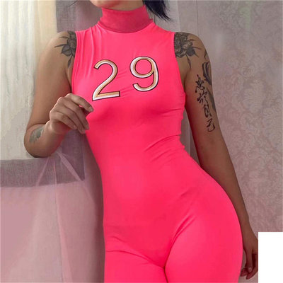 Summer women sportswear new fashion embroidered tight sleeveless yoga clothing high waist pants casual sports lady jumpsuit