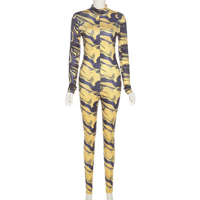 hot sales ladies printed front zipper stand collar long sleeve gym wear high waist and tight sportswear one piece Jumpsuit