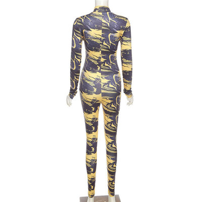 hot sales ladies printed front zipper stand collar long sleeve gym wear high waist and tight sportswear one piece Jumpsuit
