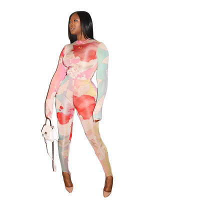 ladies Sexy Jumpsuit Long Sleeve One Piece sportswear Women back Zipper Length printed yoga set sport suit yoga fitness wear