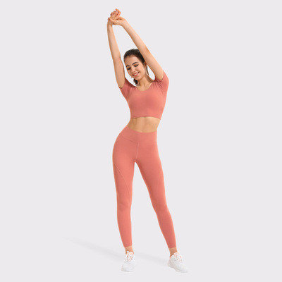 2021 Short Sleeve Two Piece sports suit Women High Waist Tight Sportswear Seamless Yoga Set ladies solid color Activewear