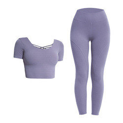 2021 Short Sleeve Two Piece sports suit Women High Waist Tight Sportswear Seamless Yoga Set ladies solid color Activewear