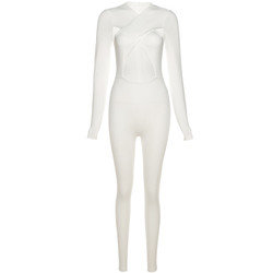 hot sale women long sleeve jumpsuit 2021 new design solid color hollow out bodycon cross bandage sportswear in stock