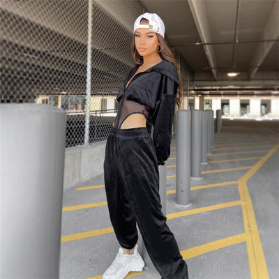new Fall mesh sexy see through long sleeve bodysuits yoga pants 2 piece sports outfits women  two pieces sport suit ems