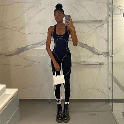 2022 spring new women letter print sexy running backless yoga set high waist tight sports fitness jumpsuit