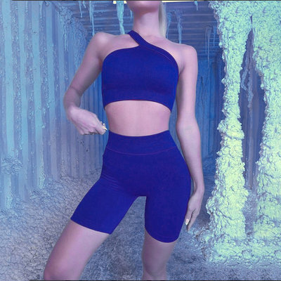 Spring and Summer women fashion sloping shoulder sleeveless fitness sportswear high waist peach hip shorts yoga set
