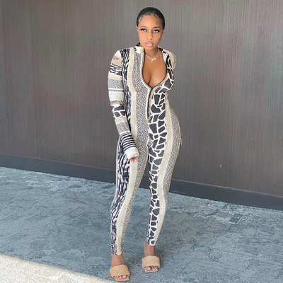 new arrival Sexy Tight autumn Lady Printed Women One Piece long Jumpsuits And Rompers female long sleeve Bodycon fitness clothes