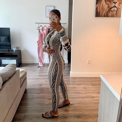 new arrival Sexy Tight autumn Lady Printed Women One Piece long Jumpsuits And Rompers female long sleeve Bodycon fitness clothes