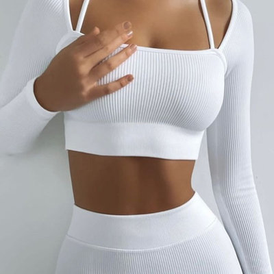 European and American style women new sexy navel slim yoga clothing long sleeve top high waist shorts sports suit