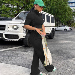 Wholesale Custom Women Fashion Yoga Set Cardigan Zipper Short Sleeve Top Slim Straight Pants Suit Ladies Outdoor Sportswear