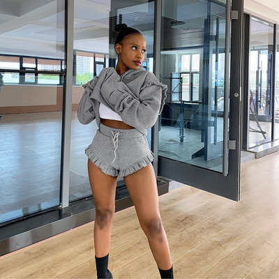 Wholesale Custom Women Hip Wrap Shorts Long Sleeve hoodie coat Casual sports Suit Ladies Workout Sportswear hoodie set