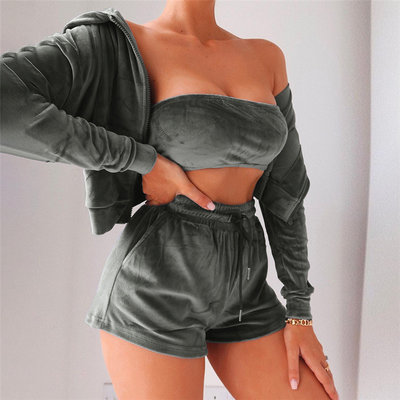 New Fashion Women Solid Color Hooded Long Sleeve tops And Short Yoga Pant Casual Female Three-piece Sports suit jacket women