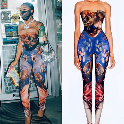 Fall Fashion Trendy Print Strapless Sleeveless Fitted Skinny Bodycon women Jumpsuit and Rompers ladies sports Outfits
