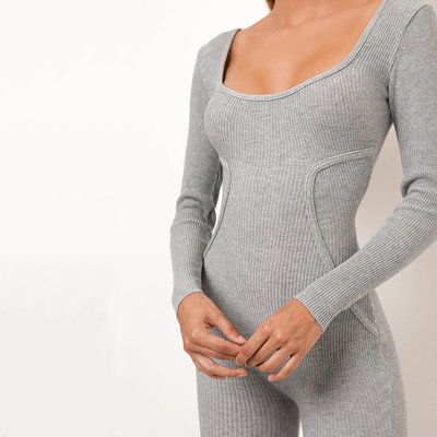 One piece long sleeve sportswear skinny activewear Custom logo plain romper outfits women workout jumpsuits