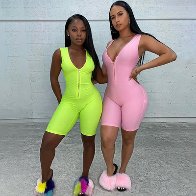 Top ranking suppliers Latest Design Sleeveless Women pure color Jumpsuit  Hot Pants Bodycon Jumpsuit