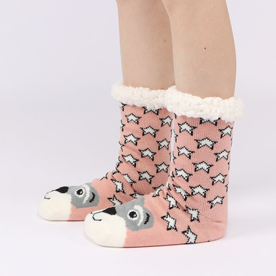 Women Winter sherpa Lining Knit Animal Socks Fuzzy Cozy Slipper Socks ladies medium length floor non skid socks