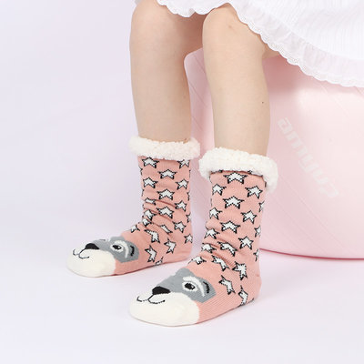 Women Winter sherpa Lining Knit Animal Socks Fuzzy Cozy Slipper Socks ladies medium length floor non skid socks