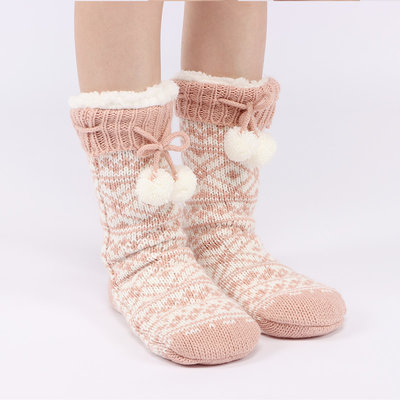 Winter Knit Women Anti Slip Thick Sherpa Lined socks Thermal Fuzzy Christmas solid color Slipper Socks