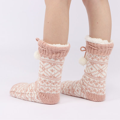 Winter Knit Women Anti Slip Thick Sherpa Lined socks Thermal Fuzzy Christmas solid color Slipper Socks
