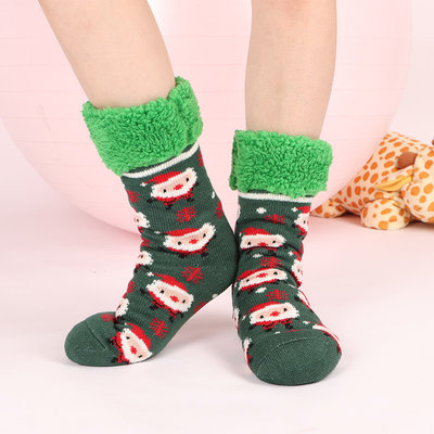 women breathable anti-slip socks polyester green socks with father christmas pattern thick christmas stocking
