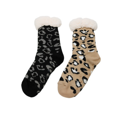 Customized Leopard Thick Warm Clouds Fabric Slipper Socks  Fuzzy Fleece Dot Women Slipper Socks