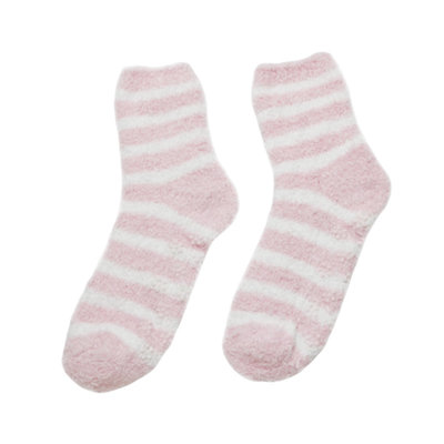 Polyester Ladies Slipper Socks  Pink White Stripes Indoor  Fluffy Warm