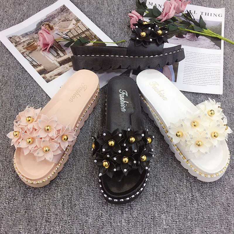 Fashion Ladies flowers Sequins women sandals beaded girls thick bottom slides slippers in new trend wholesale